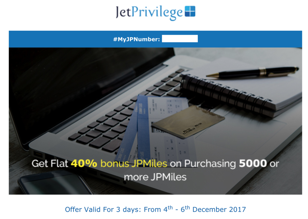 Flash Sale: JetPrivilege 40% bonus to buy JPMiles - Live From A Lounge