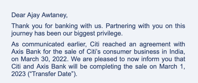 Citi India customers will transition to Axis Bank effective March 1 ...