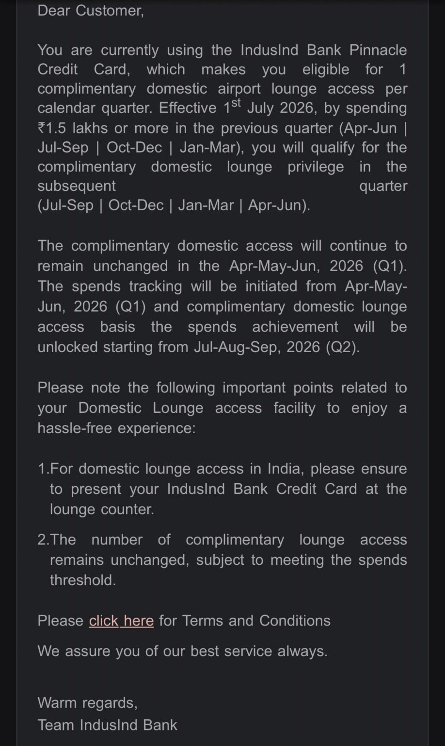 IndusInd Bank puts a price on lounge access effective April 1, 2026 ...